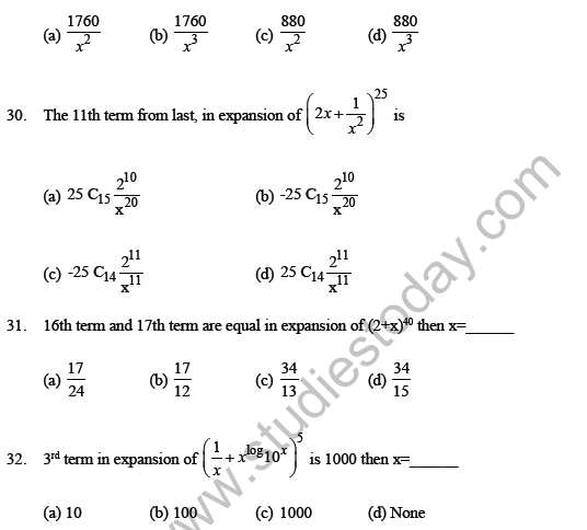 JEE Mathematics Binomial Theorem MCQs Set A with Answers